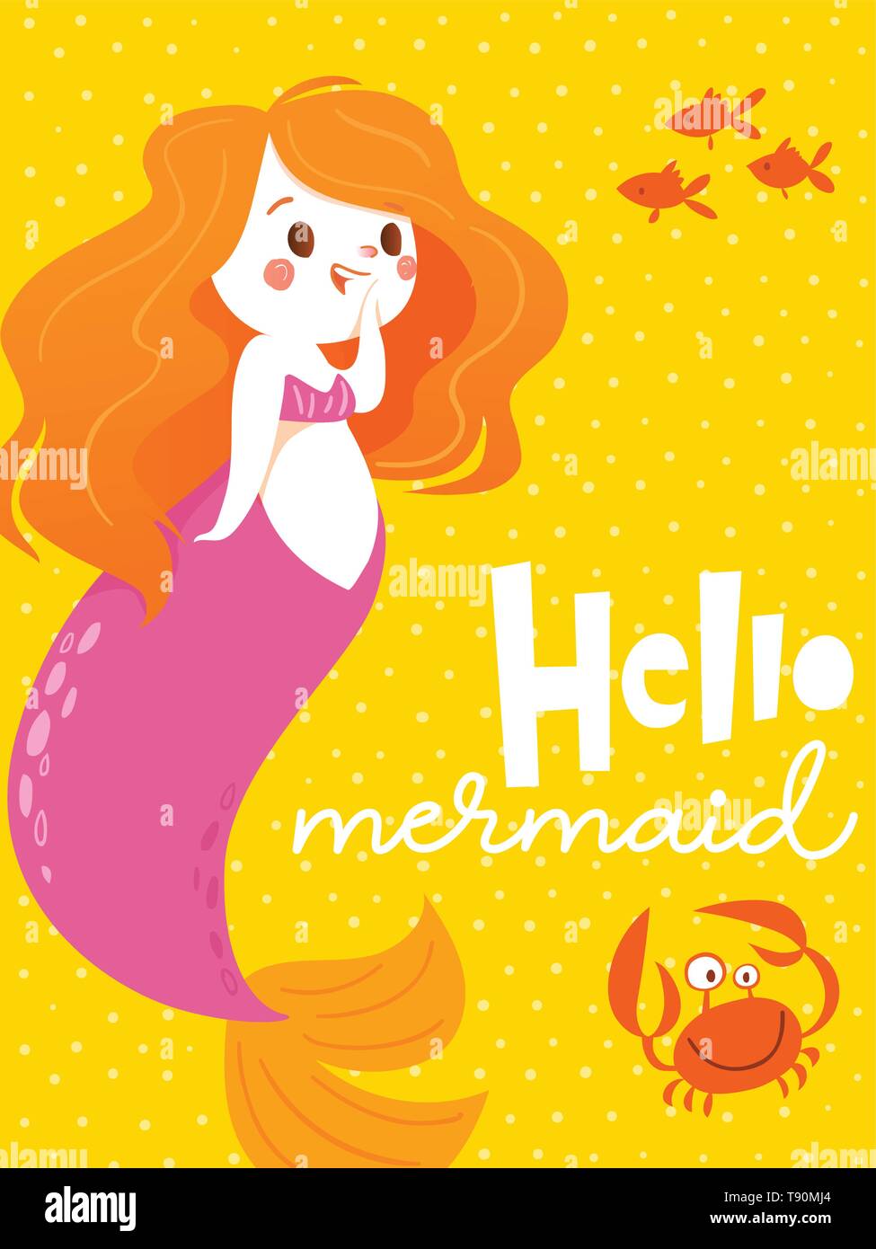 Vector birthday card with cartoon mermaid character and a crab Stock ...