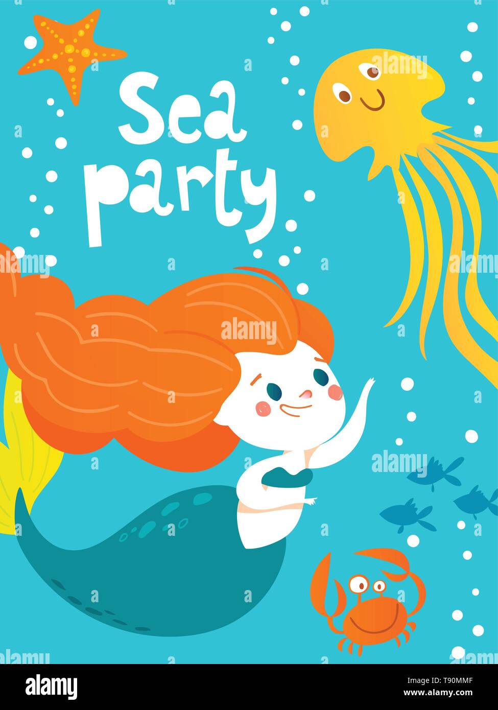 Vector cartoon summer poster with cute little mermaid Stock Vector ...