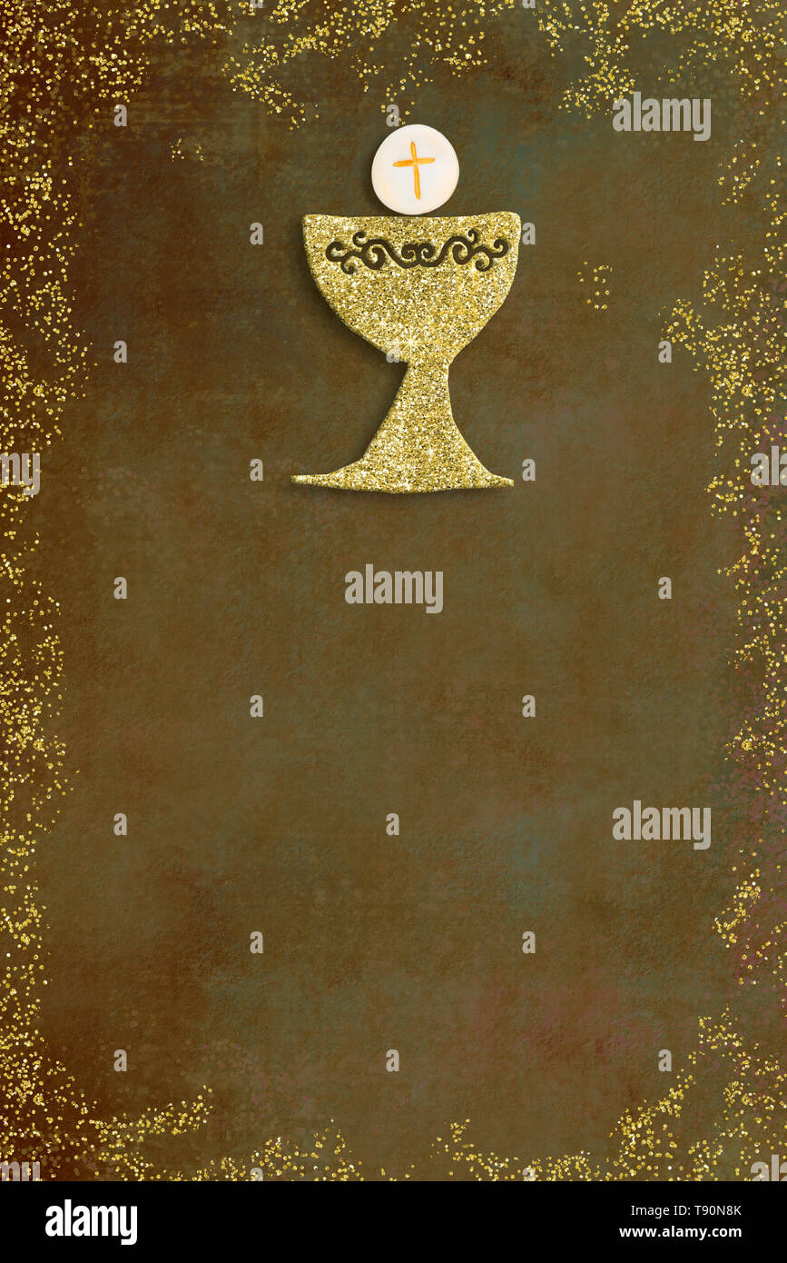 First holy communion invitation card. Golden chalice on paper ...