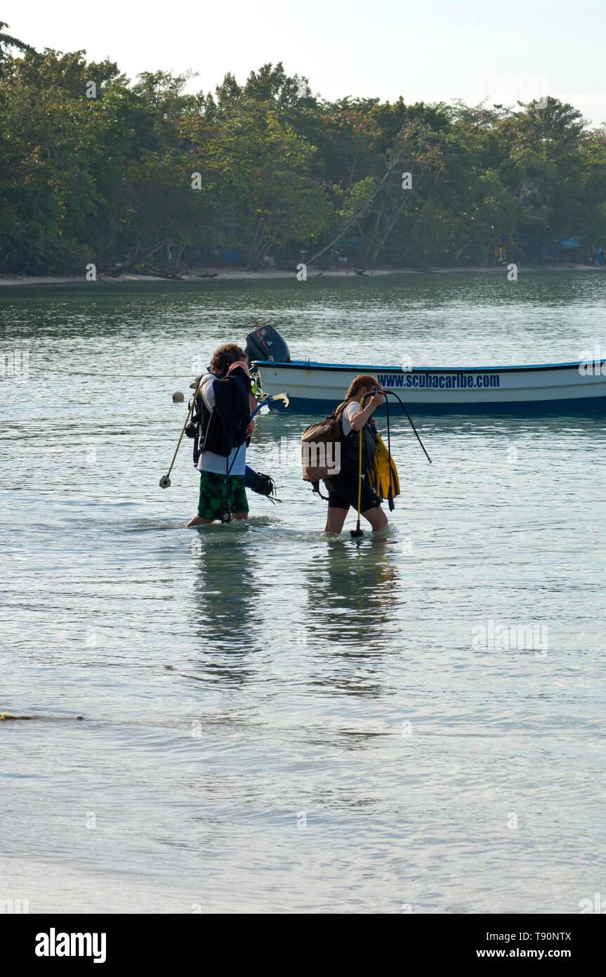 Two people with scuba gear walking in the shallow water Stock Photo - Alamy