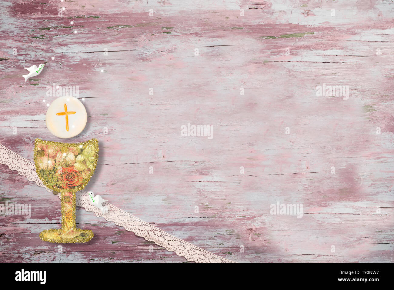 First Holy Communion invitations, chalice and dove on wooden background ...