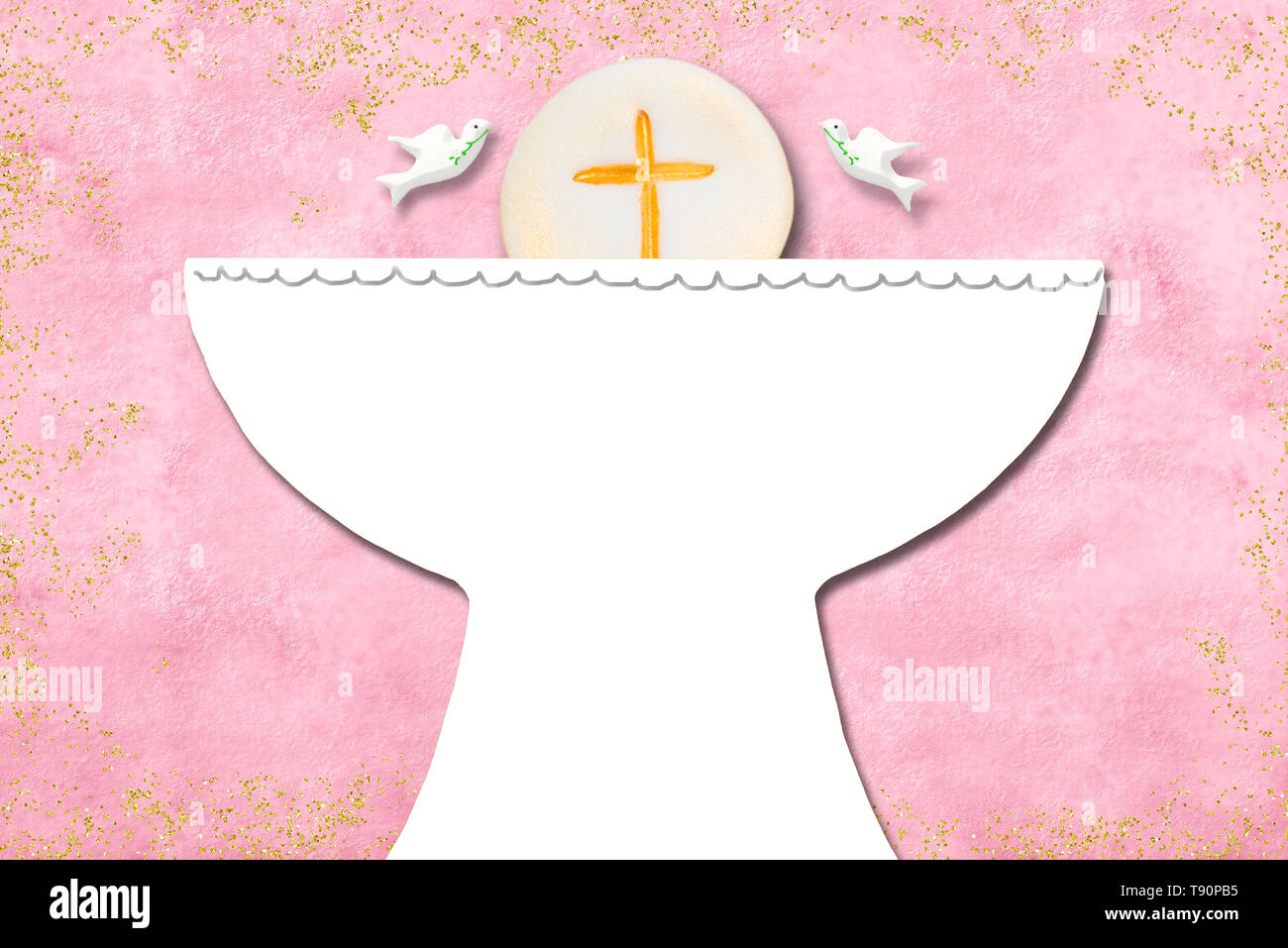 First holy communion invitation card.White chalice and doves on pink ...