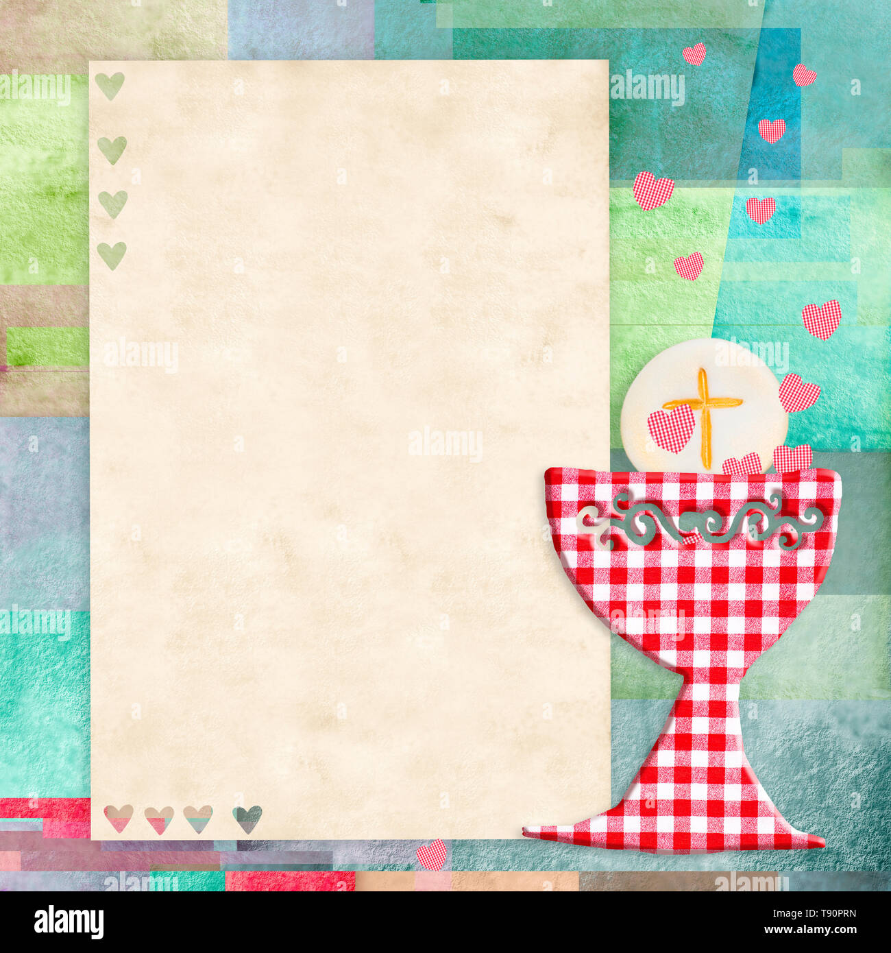 First holy communion invitation card.Cute red chalice and hearts on ...