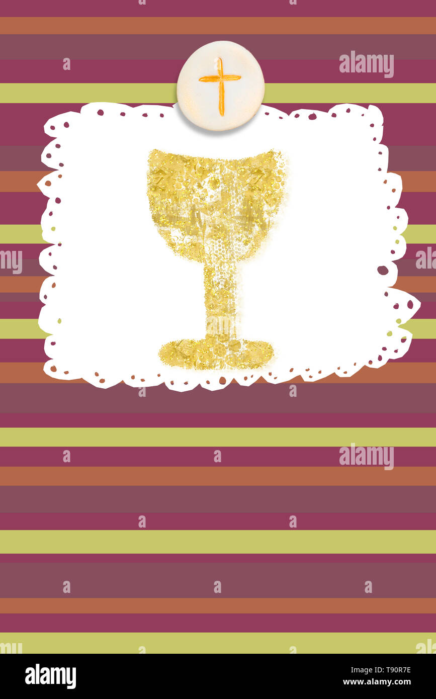 First Holy Communion invitations, gold chalice and host on cheerful ...