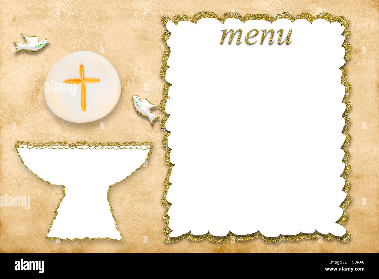 First holy communion menu invitation card.Golden chalice and doves on ...