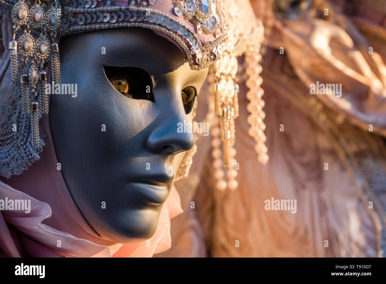 Portrait of a masked person in a beautiful creative costume ...