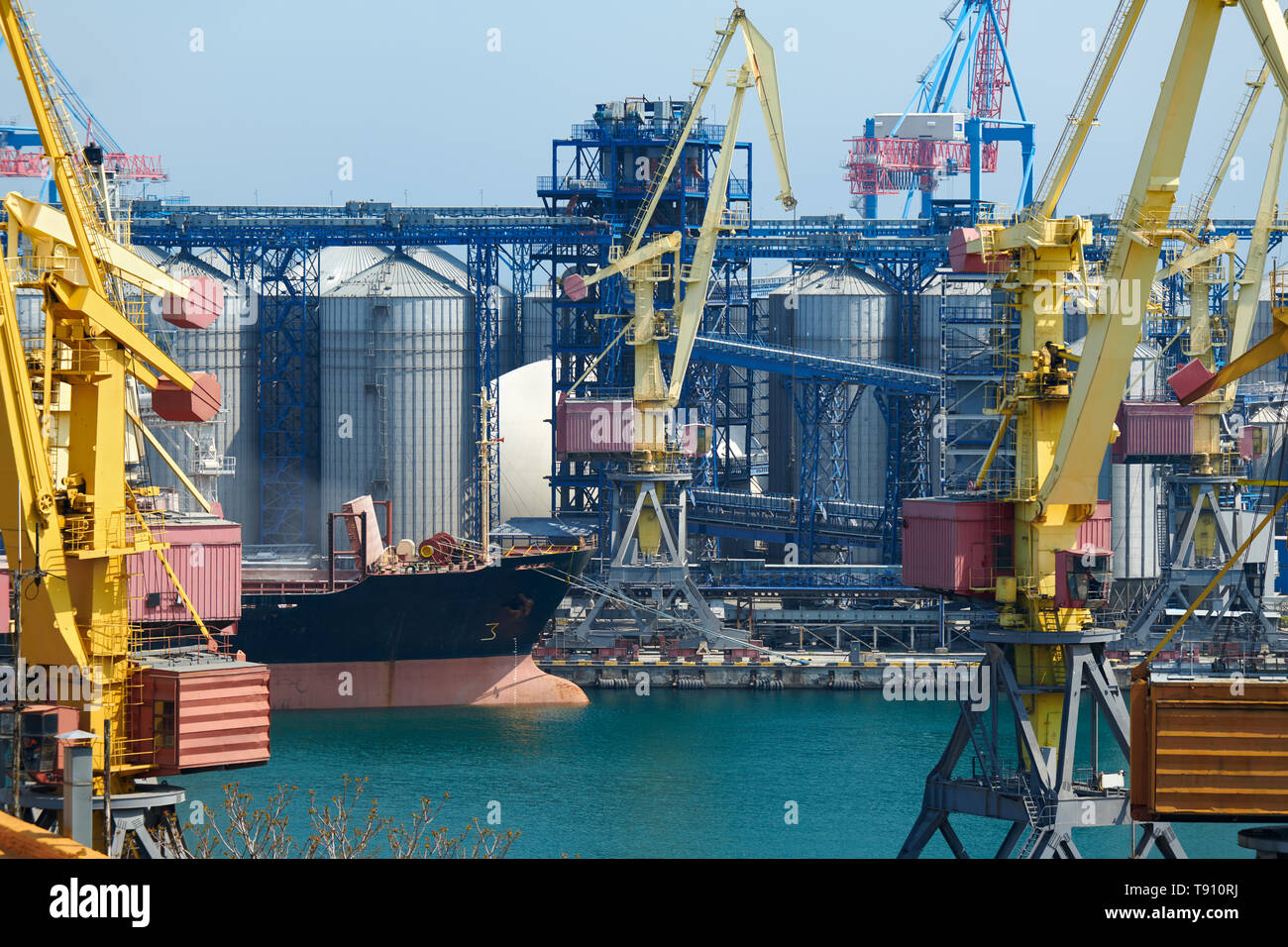 Industrial port, infrastructure of seaport, cranes and dry cargo ships ...