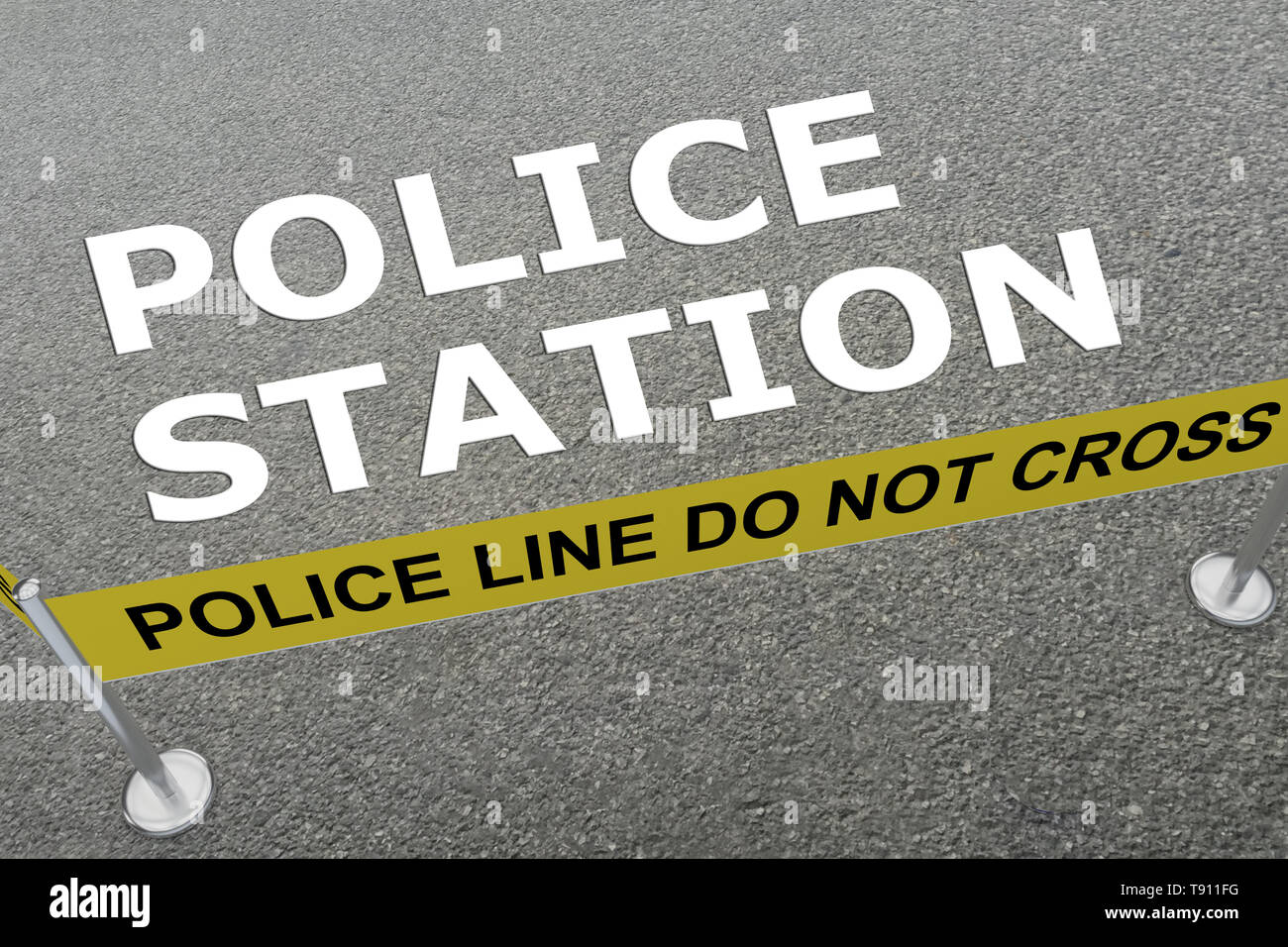 3D illustration of POLICE STATION title on the ground in a police arena ...