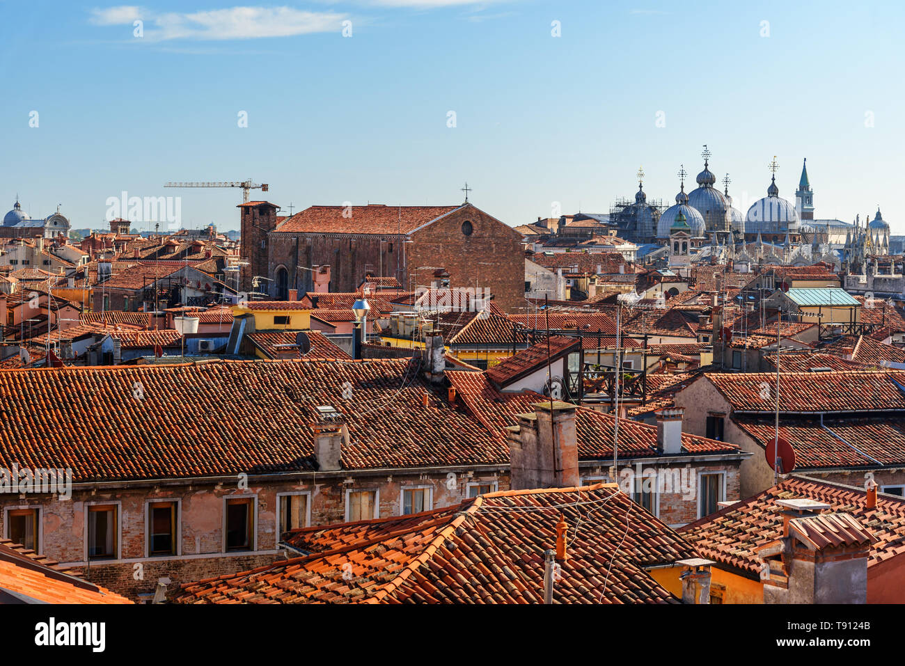 Top view of red roofs from terrace of Fondaco dei Tedeschi in Venice ...