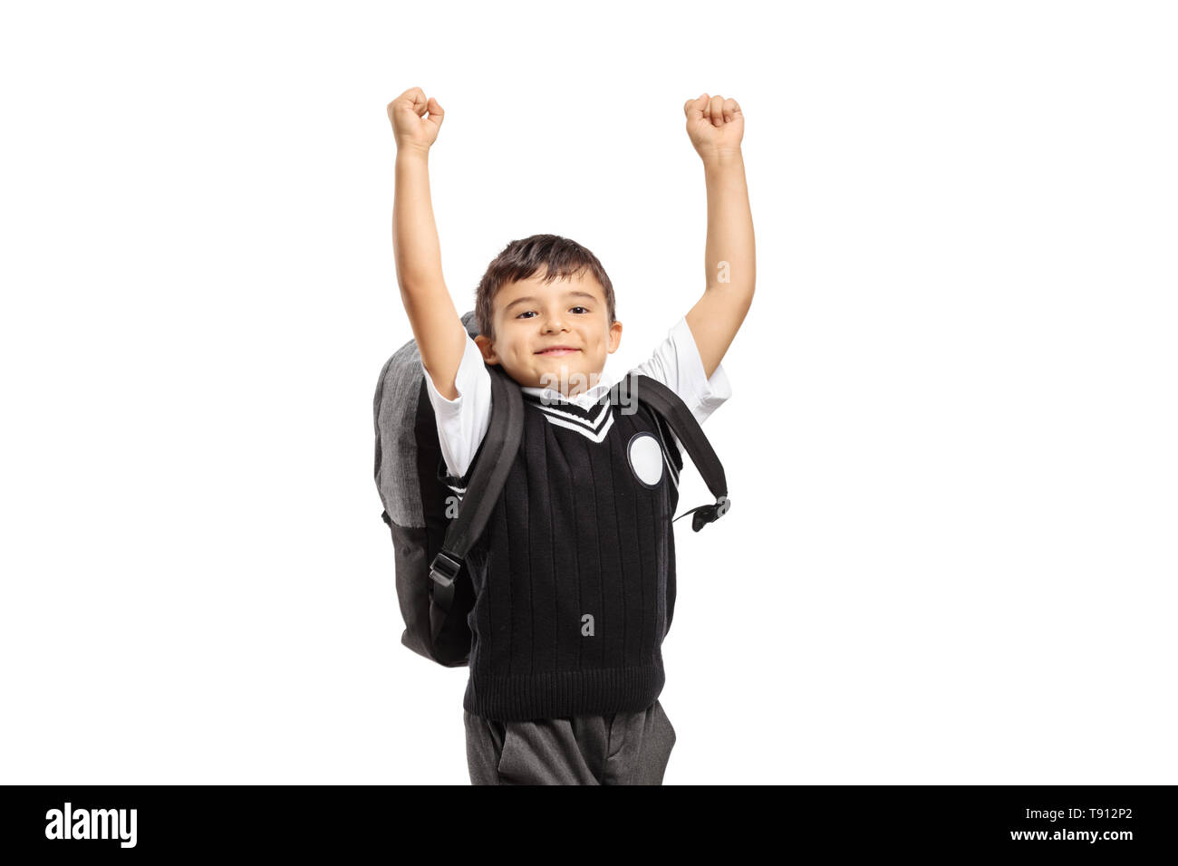 Happy schoolboy jumping isolated on white background Stock Photo - Alamy