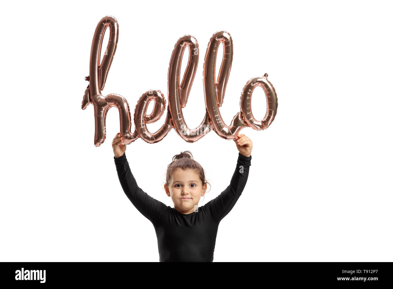 Little girl holding a hello sign isolated on white background Stock ...