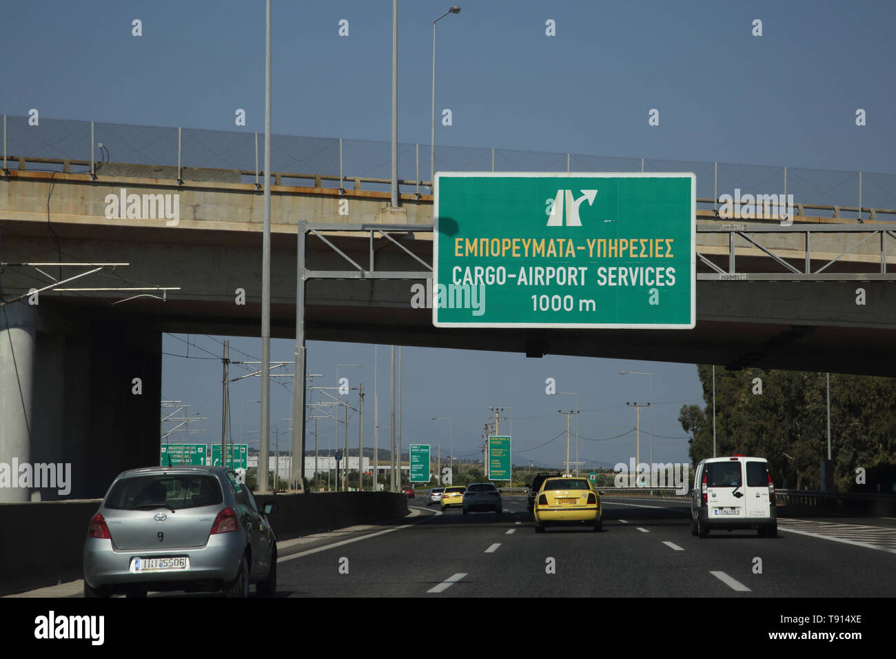 Athens Greece Bilingual Road Sign On Motorway near Athens Airport Stock ...