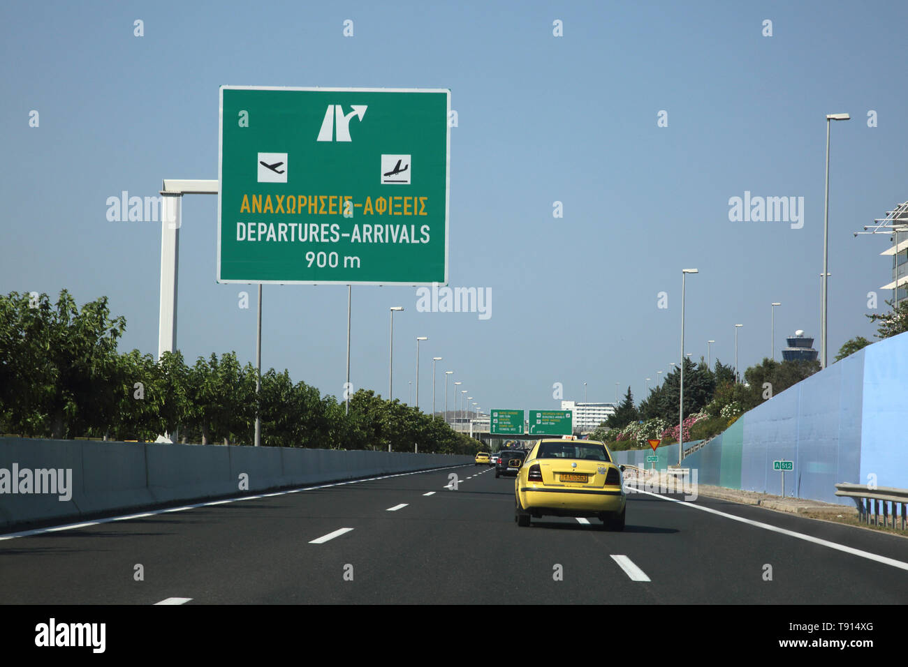 Athens Greece Bilingual Road Sign On Motorway near Athens Airport Stock ...