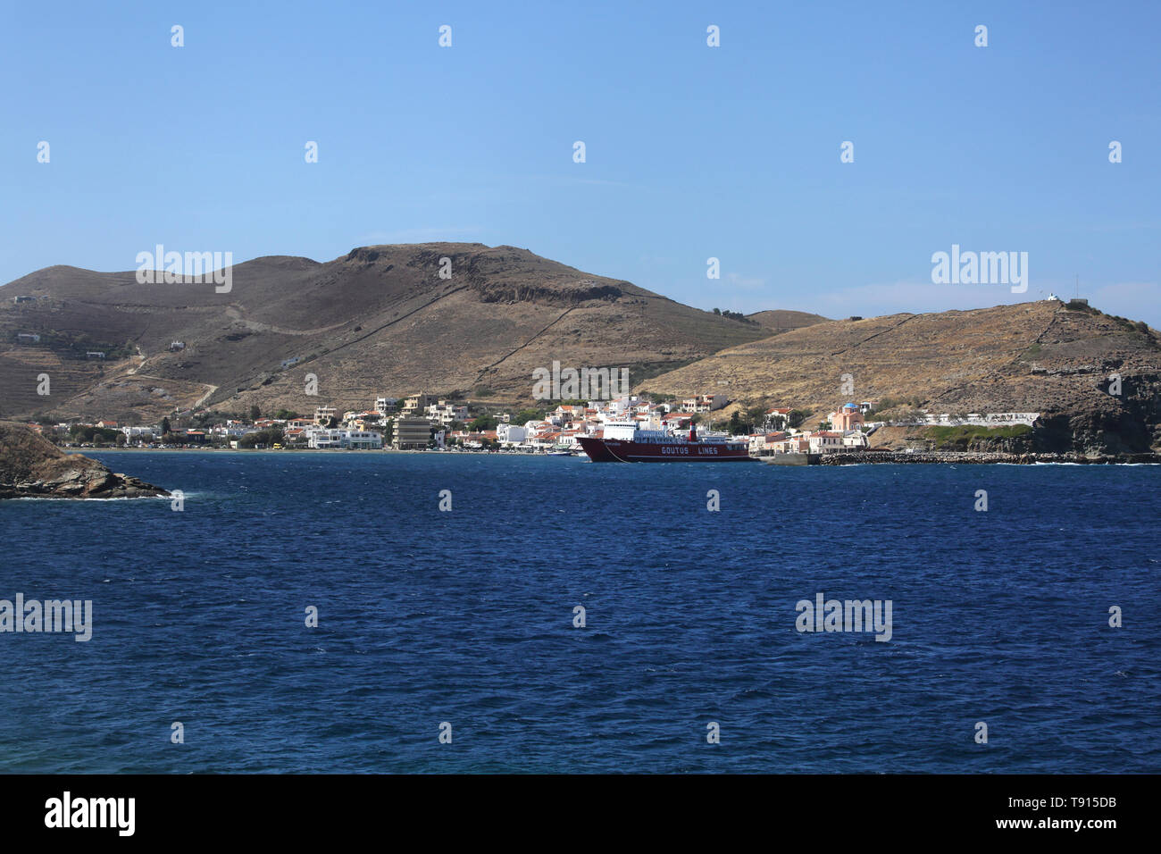Port Korissia Kea Island Greece Ferry in Harbour Stock Photo - Alamy