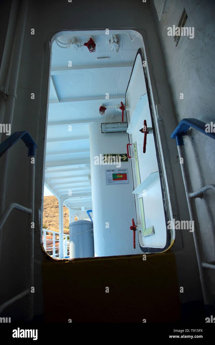 Port Korissia Kea Island Greece Ferry door leading to upper deck Stock ...