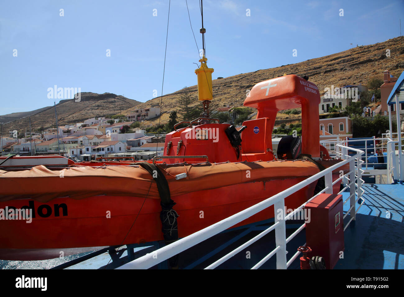 Port Korissia Kea Island Greece Lifeboat on Ferry Stock Photo - Alamy
