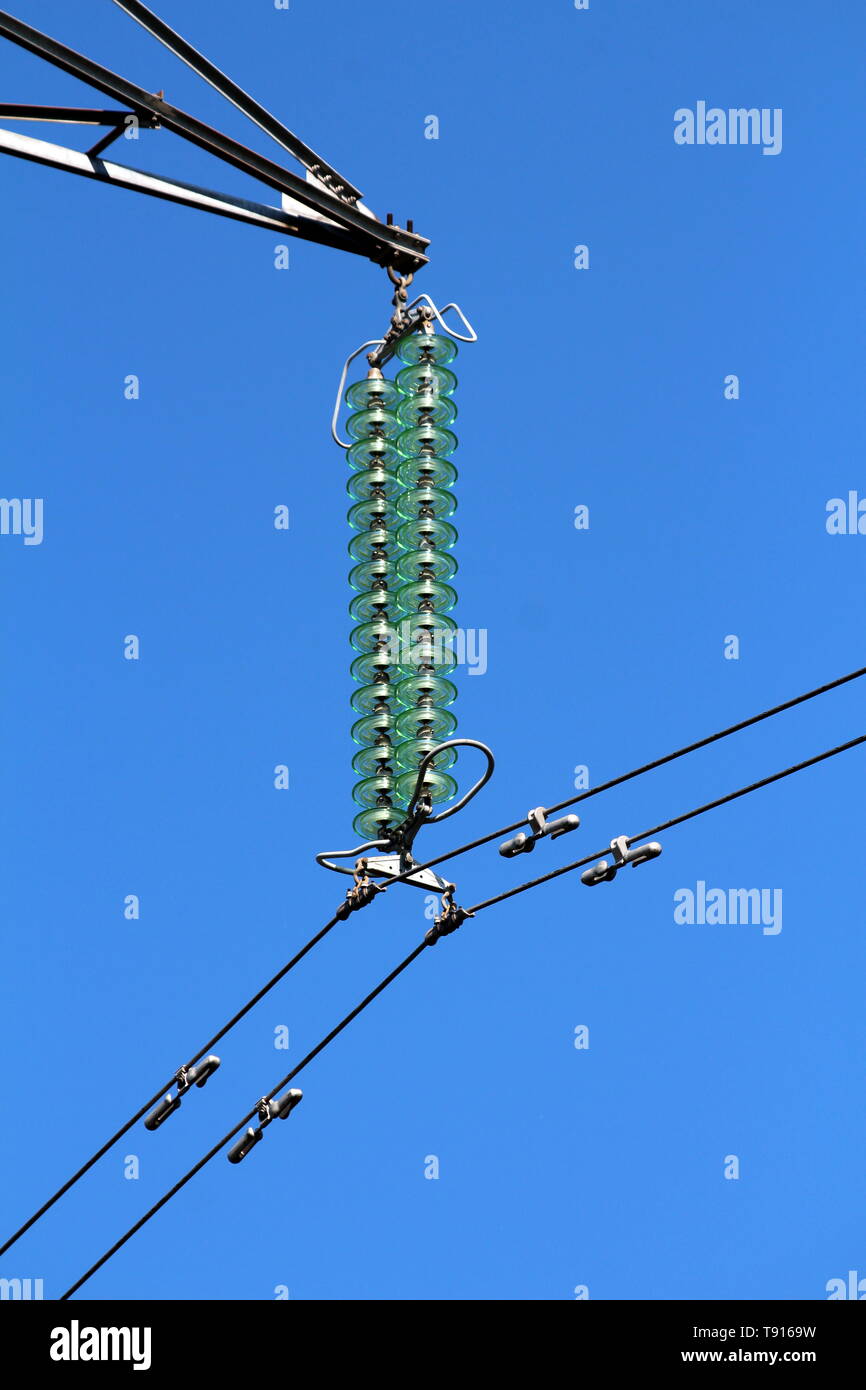 High quality tall glass power line utility insulators holding black ...