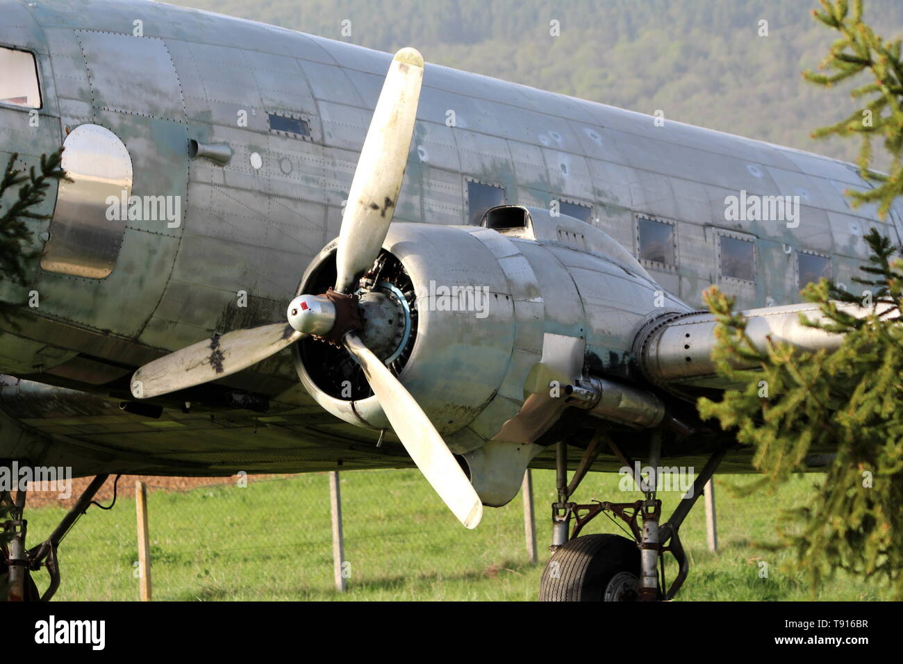 Left rotary engine of Douglas Dakota DC-3 WWII plane placed in field at ...