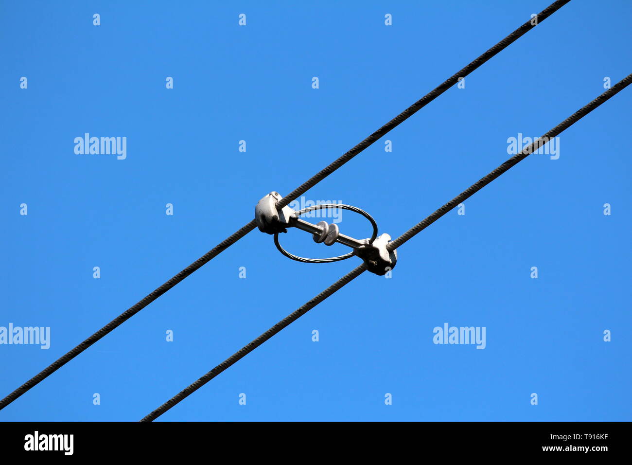 Two power line utility black electrical wires held together with strong ...