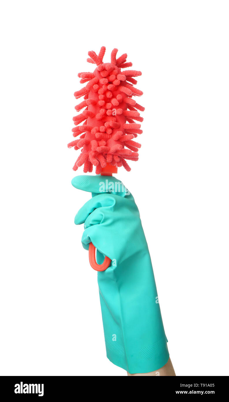 Woman holding tool for cleaning on white background Stock Photo - Alamy