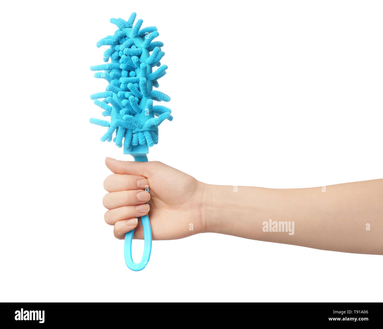 Woman holding tool for cleaning on white background Stock Photo - Alamy