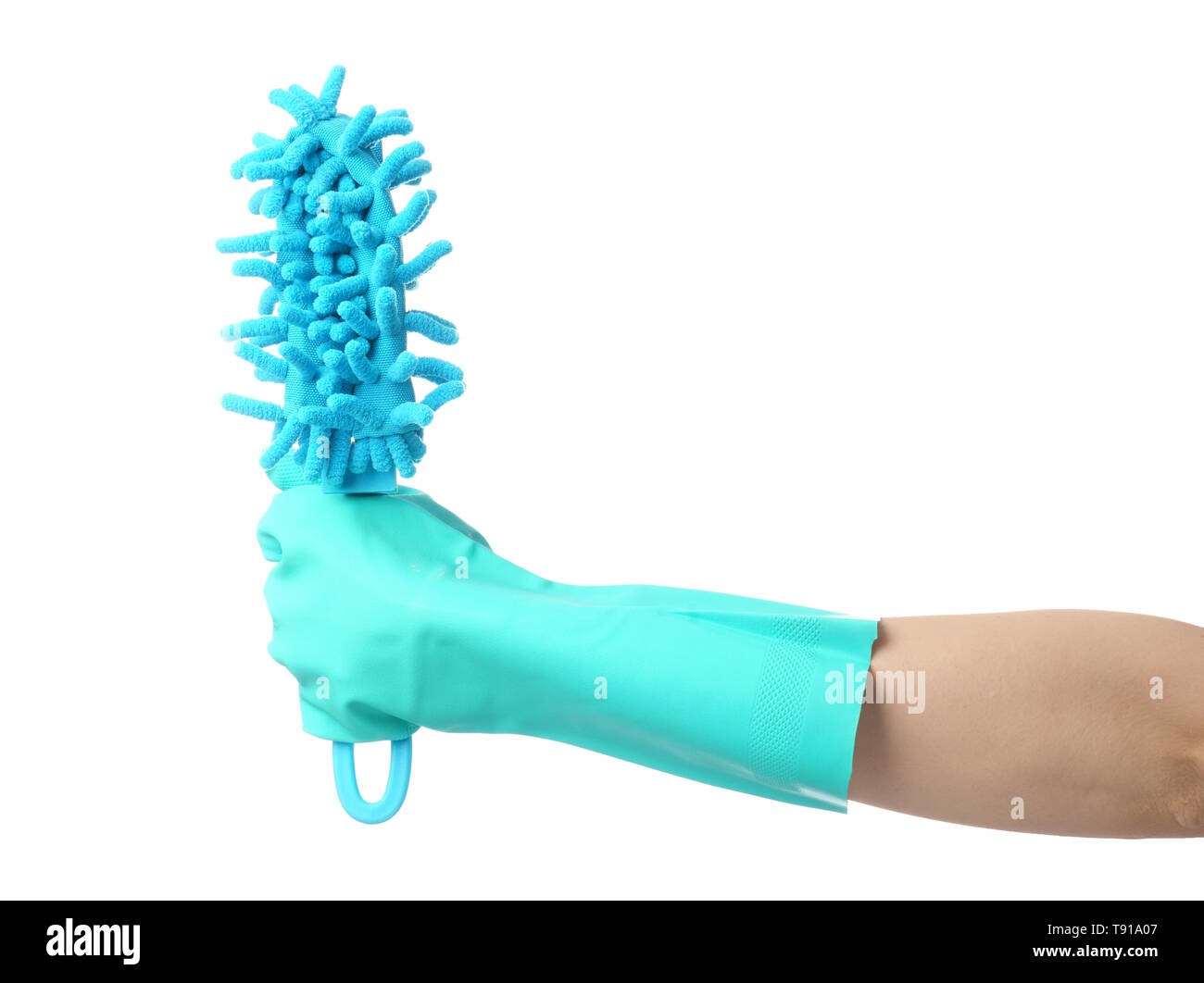 Woman holding tool for cleaning on white background Stock Photo - Alamy
