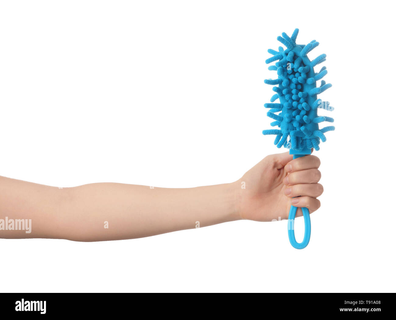 Woman holding tool for cleaning on white background Stock Photo - Alamy