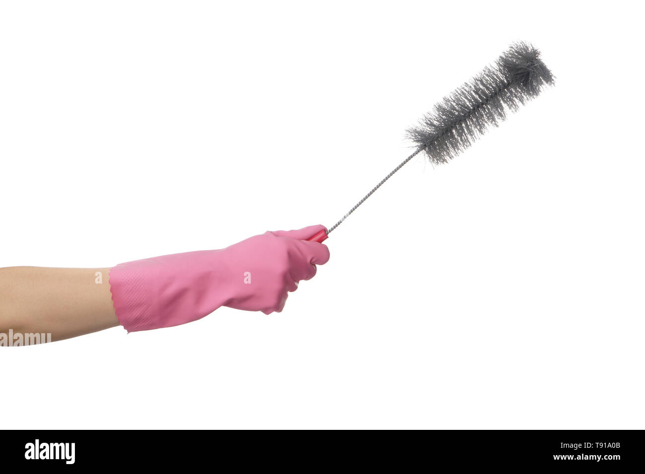 Woman holding tool for cleaning on white background Stock Photo - Alamy
