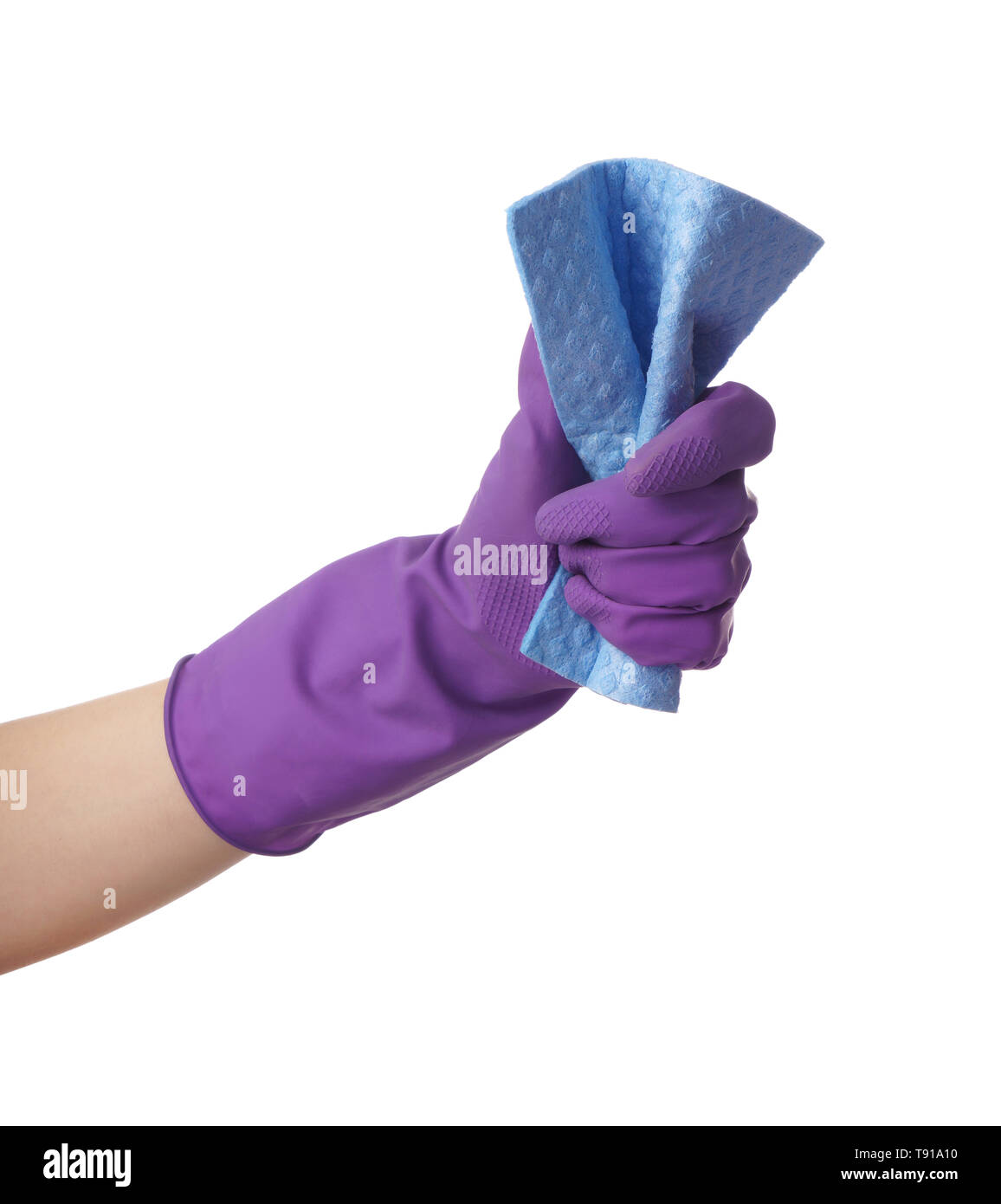 Woman holding rag for cleaning on white background Stock Photo - Alamy