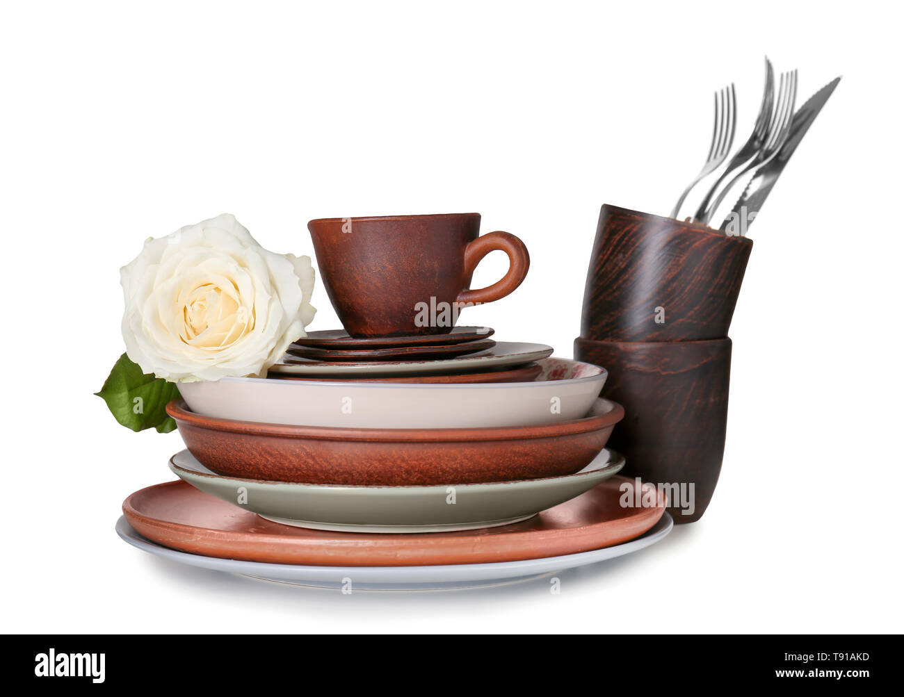 Set of clean tableware on white background Stock Photo - Alamy