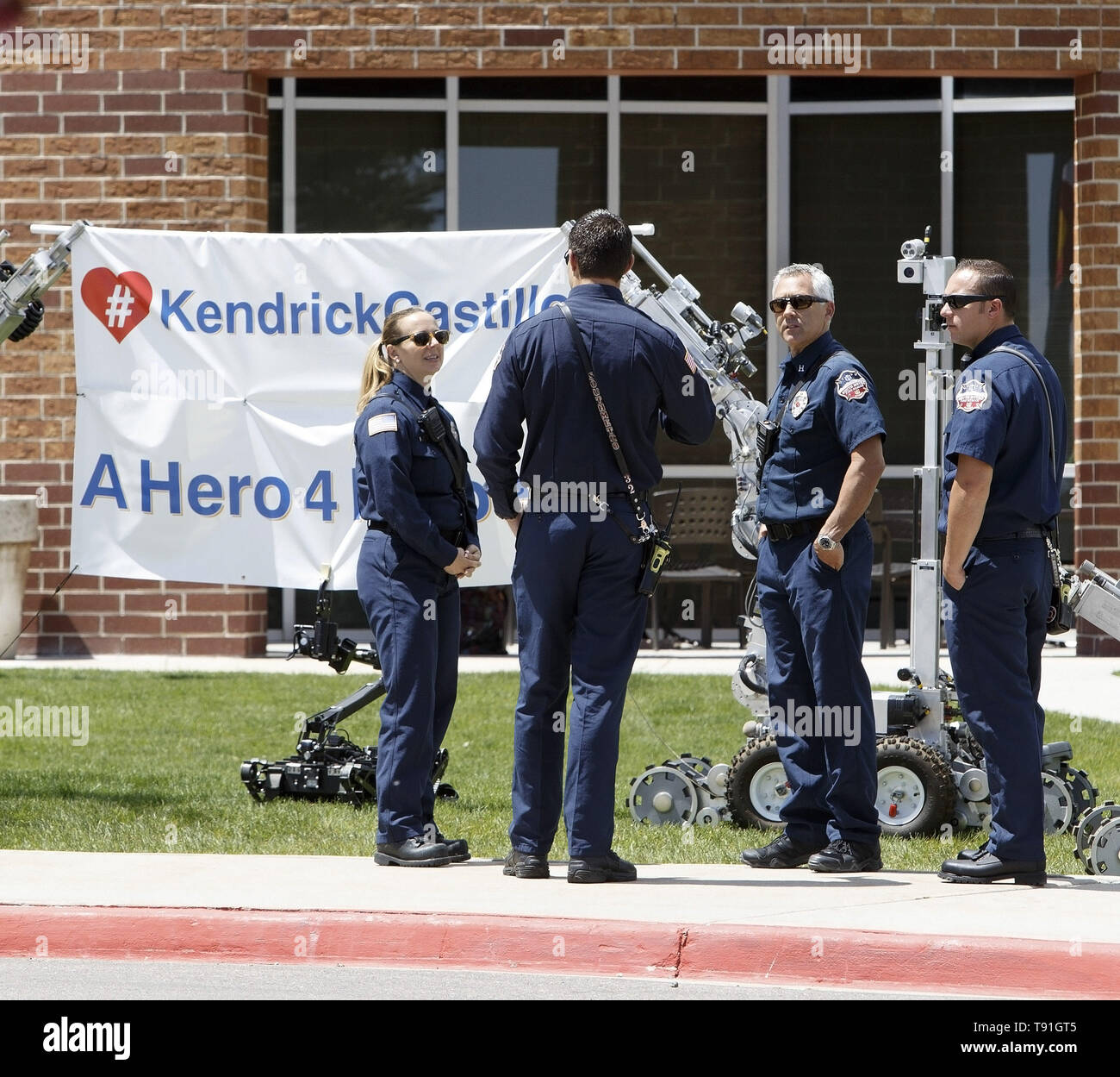 Denver, Colorado, USA. 15th May, 2019. South Metro Fire Fighters look ...
