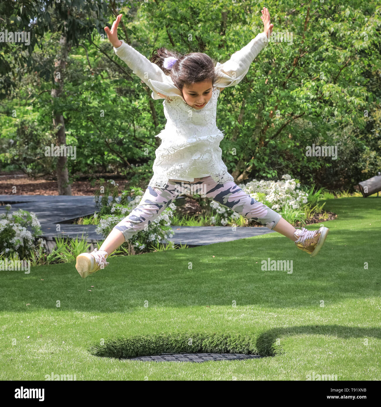 Kew Gardens, London, UK, 16th May 2019. Sally does star jumps on the ...