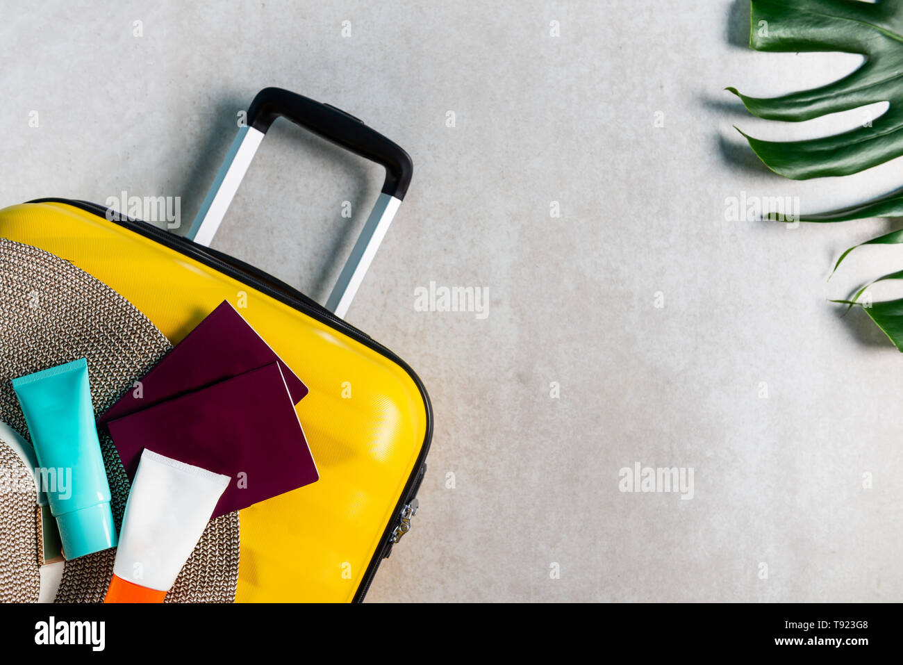 Bright and stylish cabin size suitcase flat lay Stock Photo - Alamy