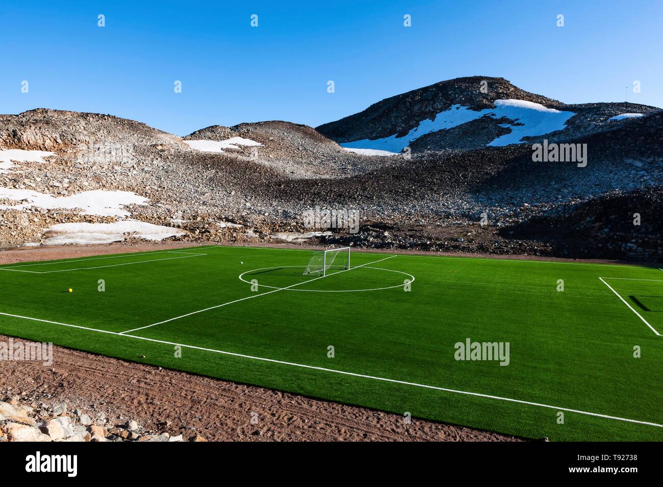 Football pitch with artificial turf, Ittoqqortoormiit, Scoresbysund ...
