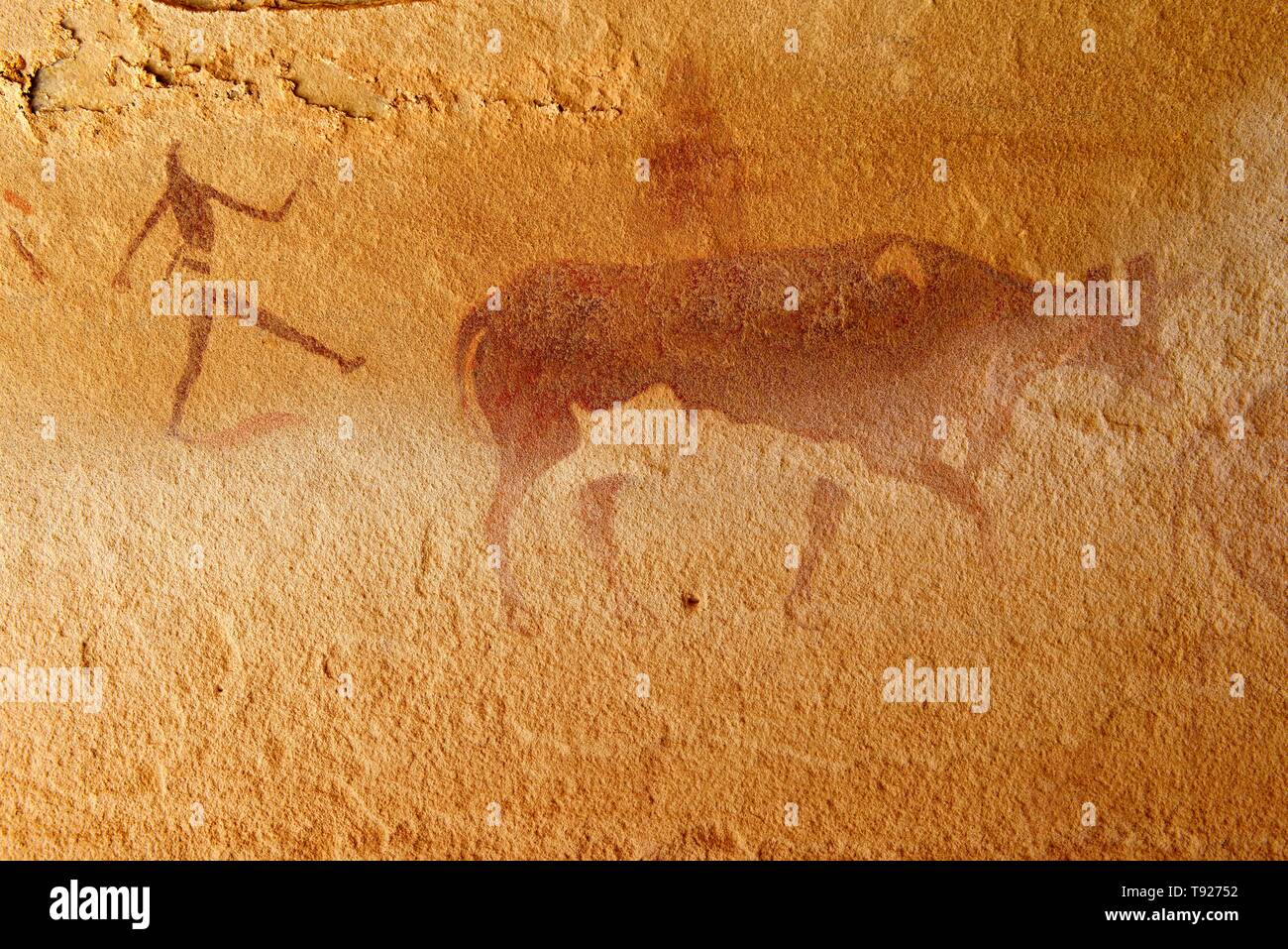 Neolithic rock painting, cow with herder, Tin Abenhar, Abaniora style ...