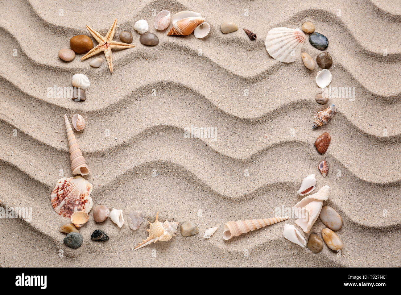 Frame made of different sea shells and stones on sand Stock Photo - Alamy