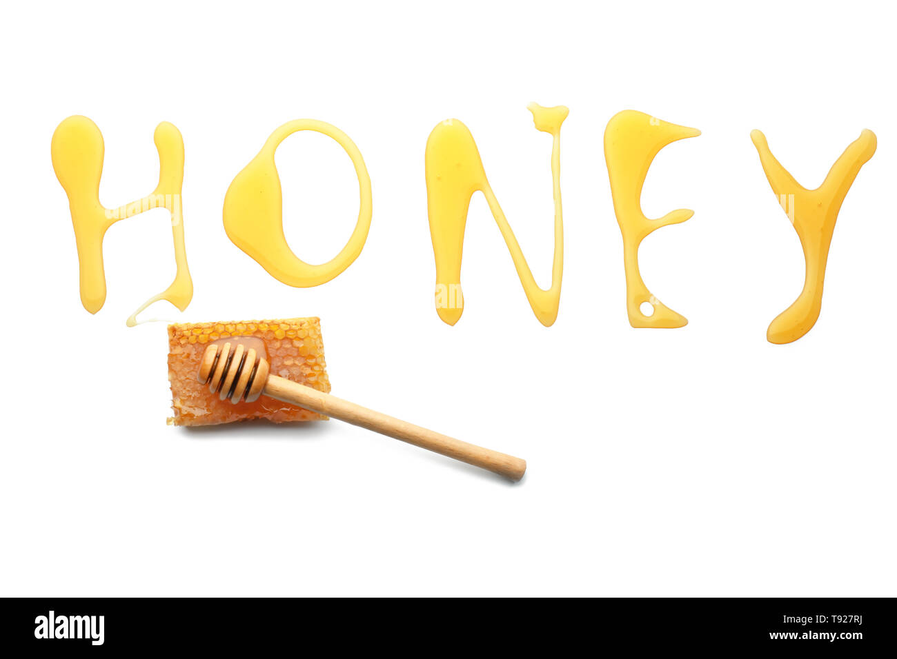 Word HONEY and wooden dipper on white background Stock Photo - Alamy