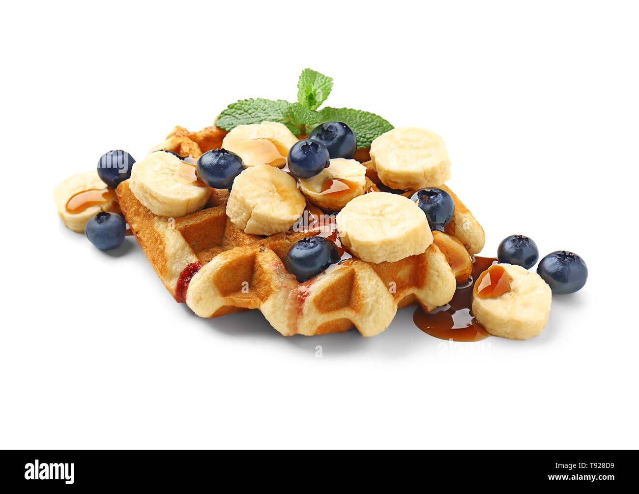 Tasty waffle with fruit, berries and topping on white background Stock ...
