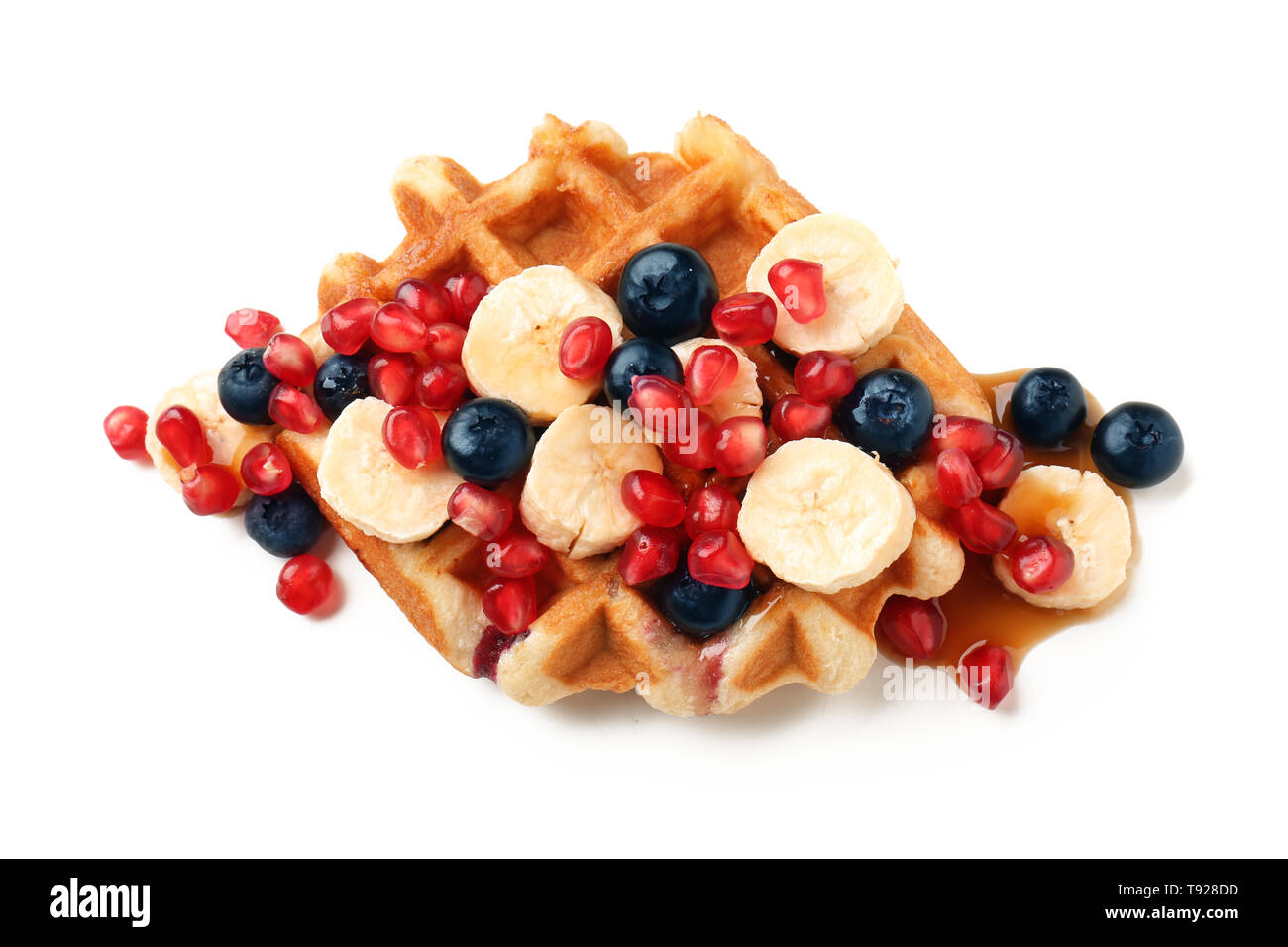 Tasty waffle with fruit, berries and topping on white background Stock ...