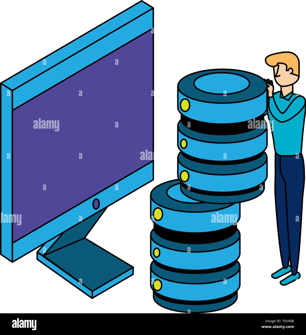 businessman worker with computer and data center disks vector illustration design Stock Vector ...