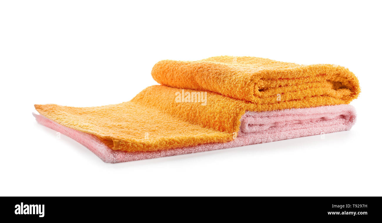 Color terry towels on white background Stock Photo - Alamy