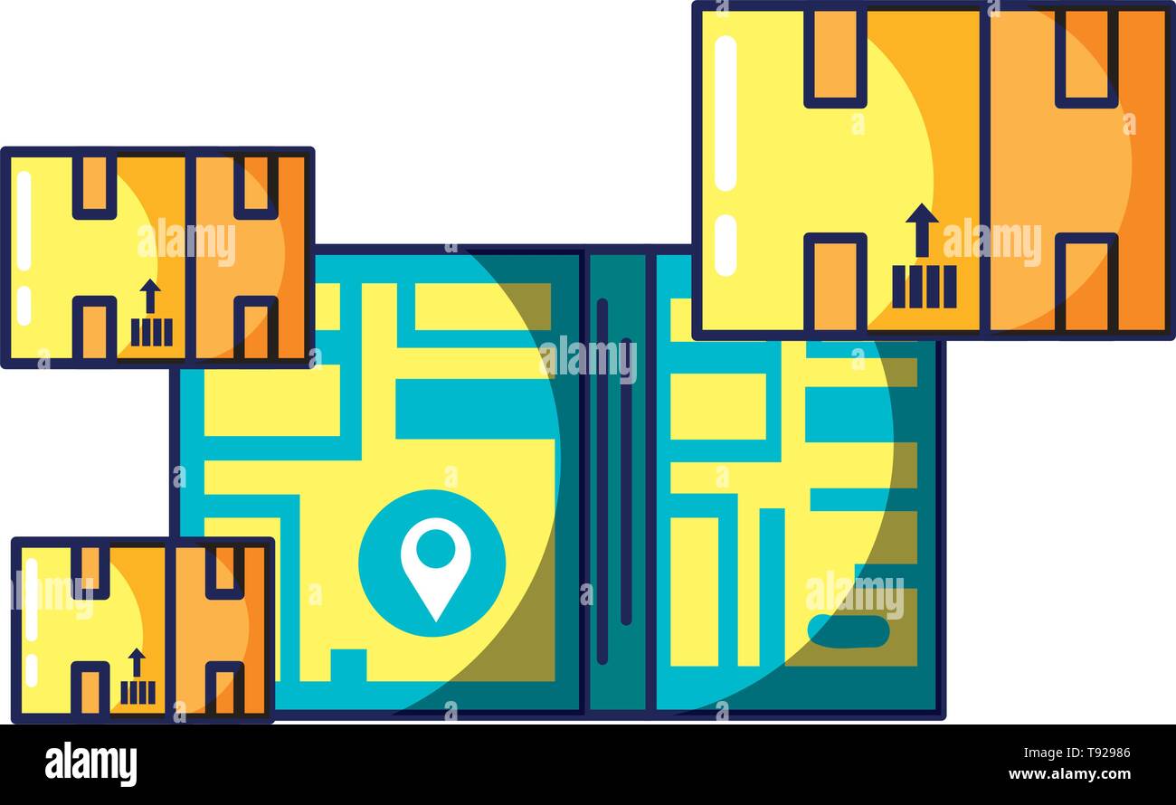 boxes carton with map guide location vector illustration design Stock ...