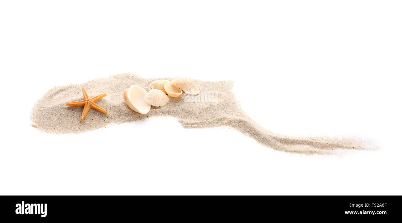 Seashells and sand on white background Stock Photo - Alamy