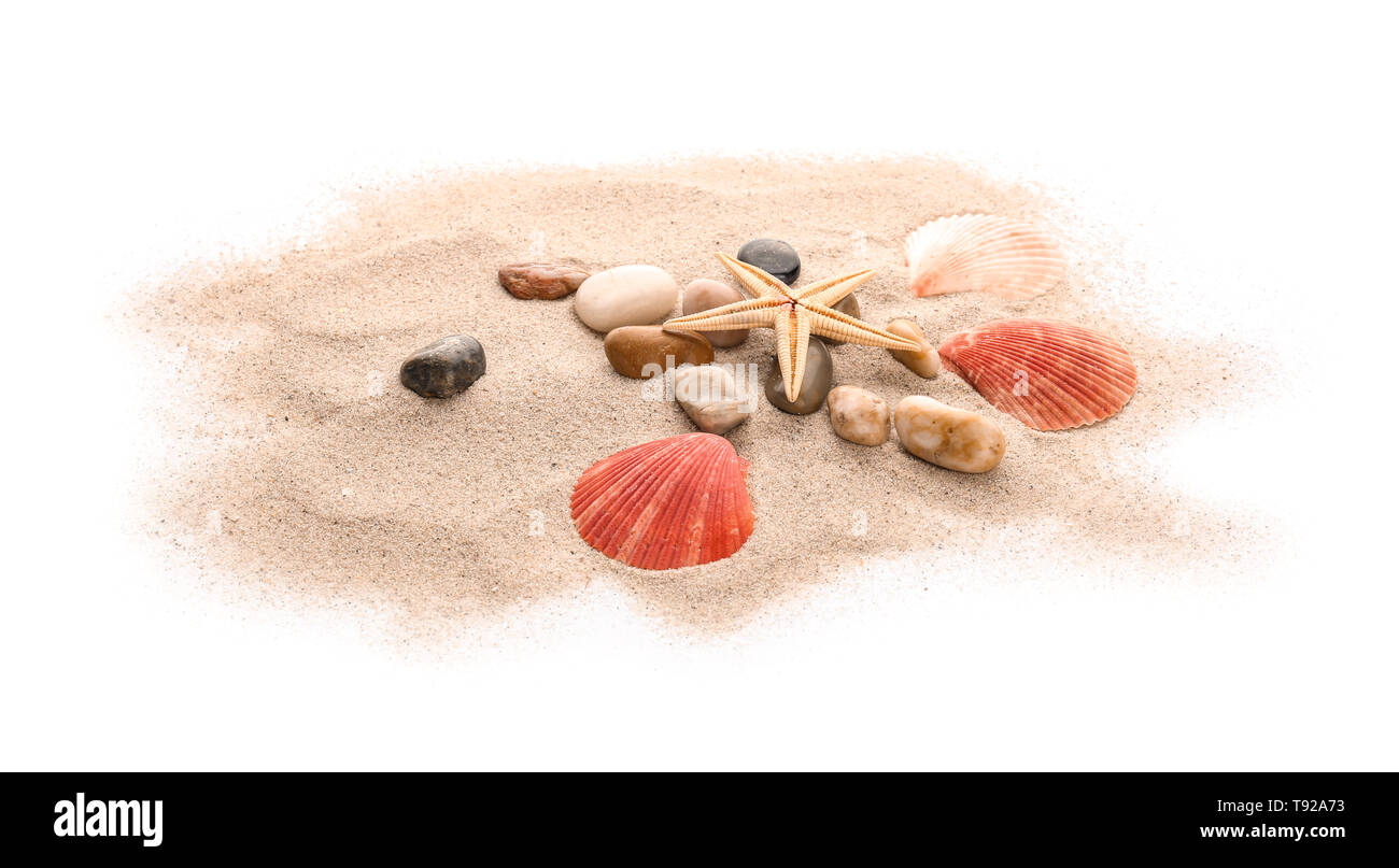 Seashells and sand on white background Stock Photo - Alamy