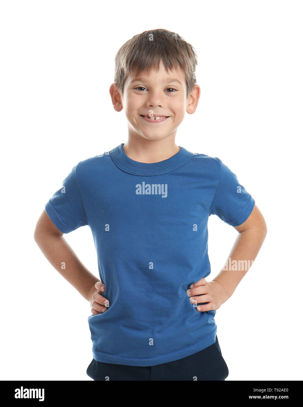Cute little boy in t-shirt on white background Stock Photo - Alamy