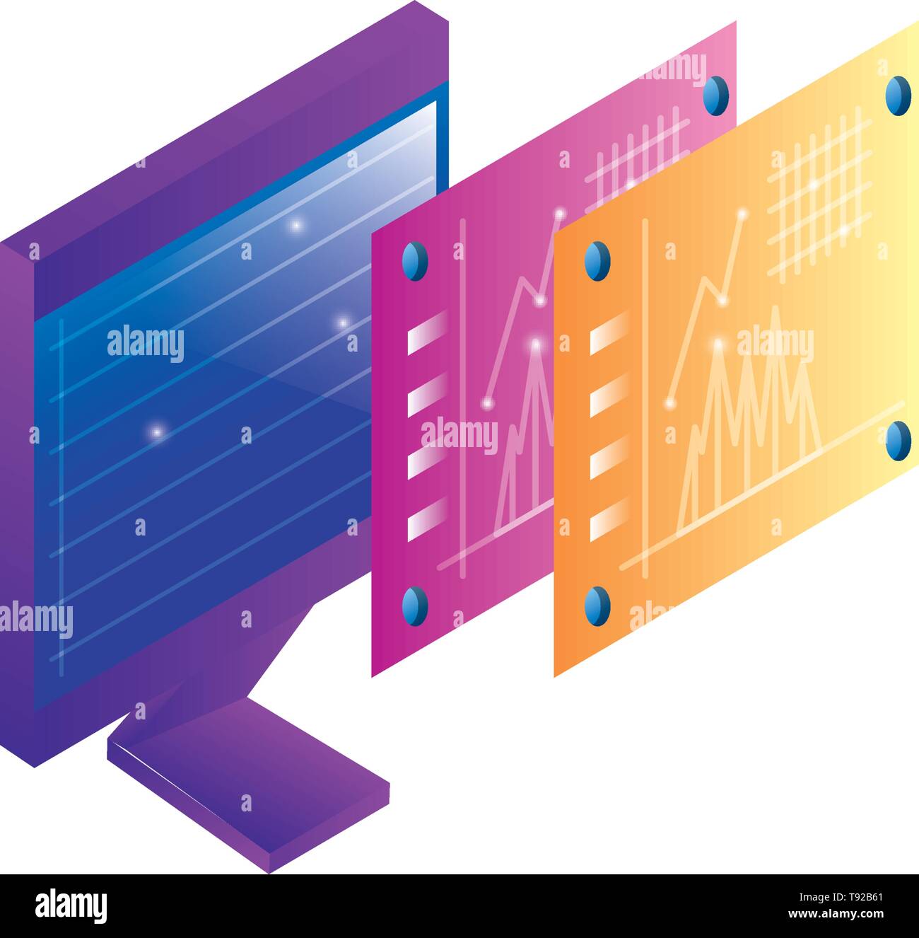 desktop computer with statistics webpage templates vector illustration ...