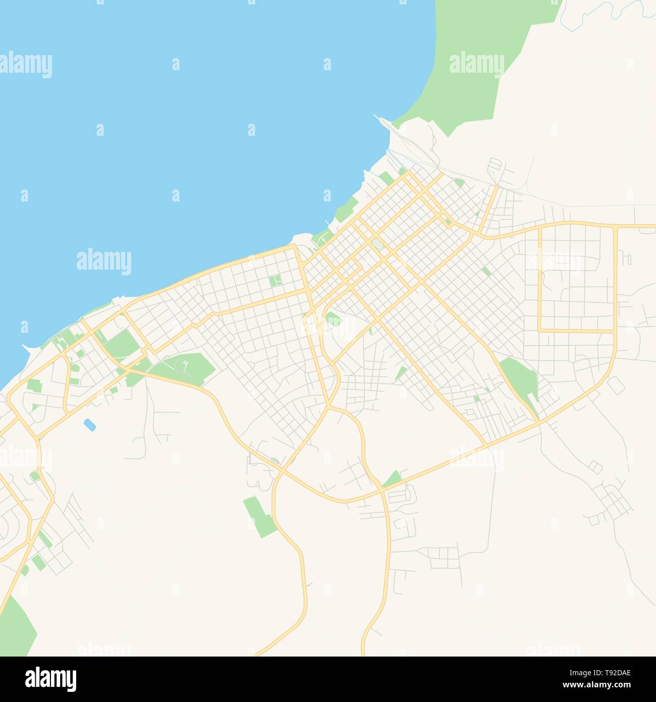 Empty vector map of Manzanillo, Granma, Cuba, printable road map ...