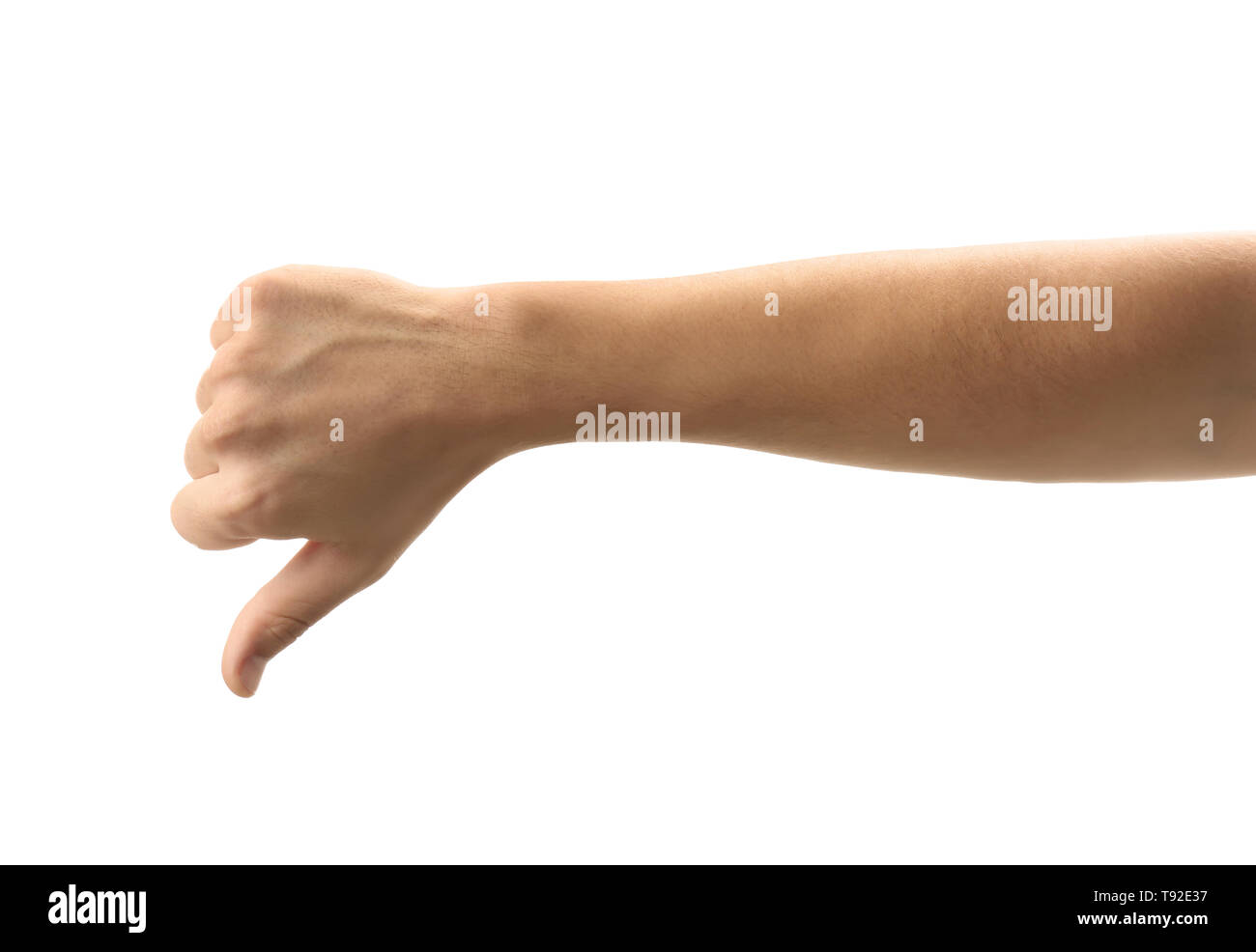 Male hand showing thumb-down gesture on white background Stock Photo ...