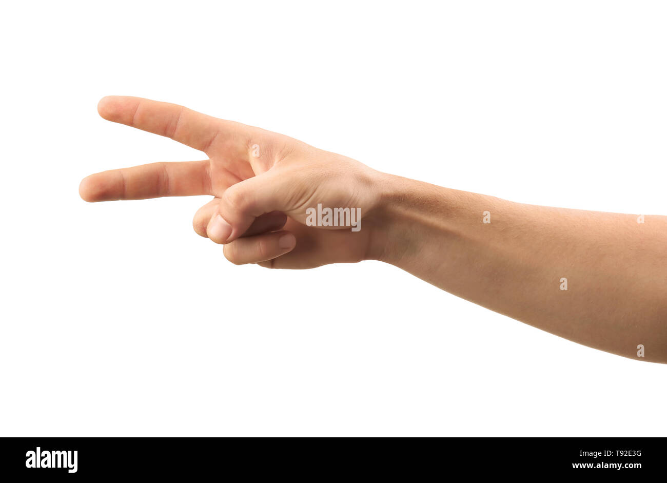 Male hand showing two fingers on white background Stock Photo - Alamy