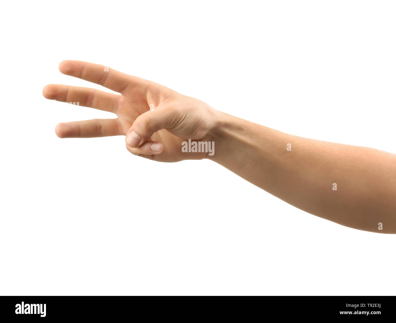 Male hand showing three fingers on white background Stock Photo - Alamy